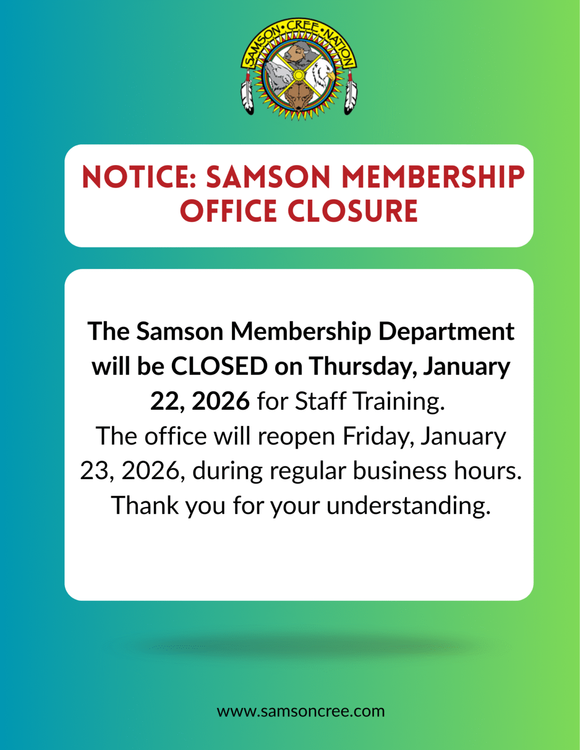 Samson Membership Office Closure – Jan. 22, 2026 - SCN