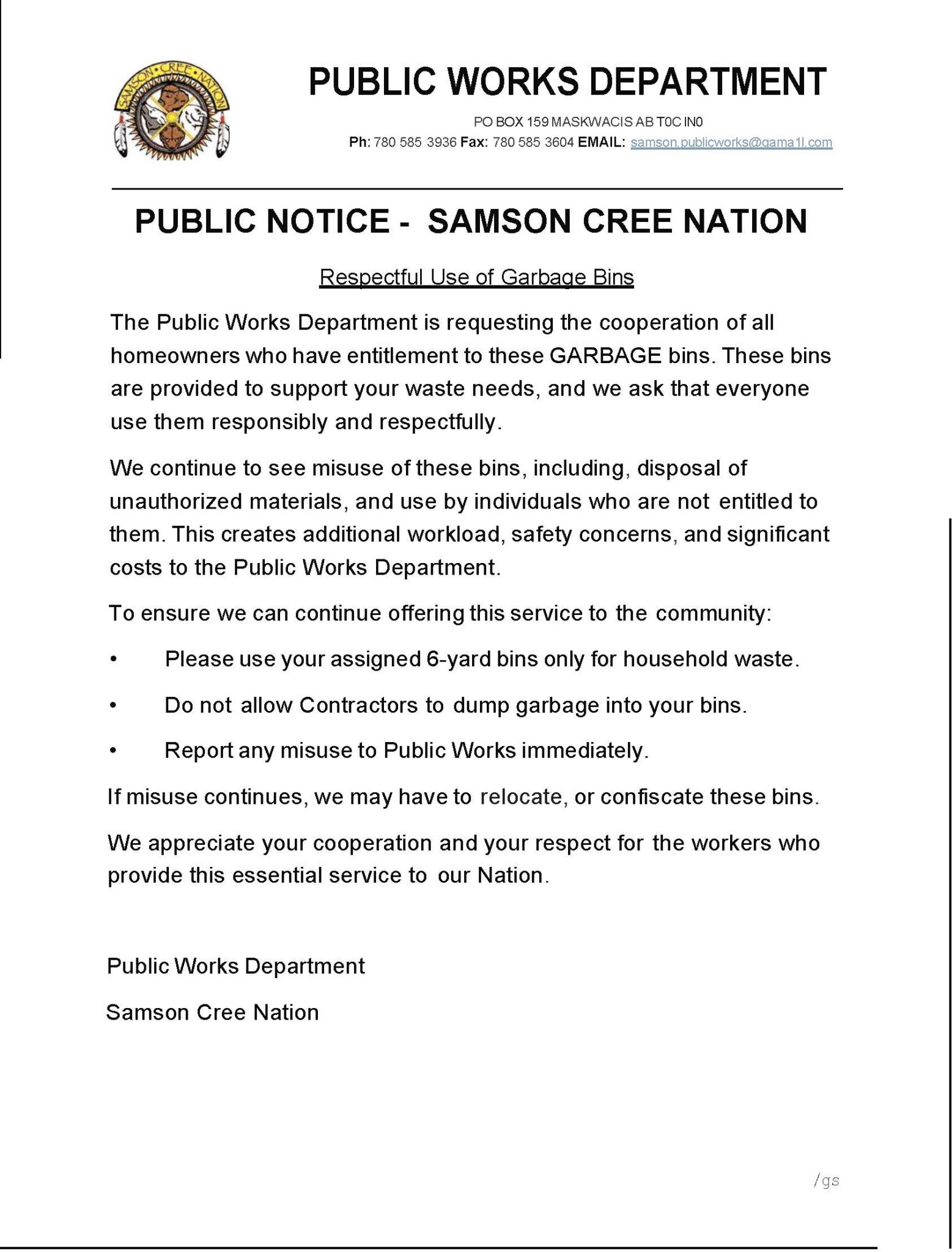 PUBLIC NOTICE: Public Works Use of Garbage Bins March 2026 - SCN